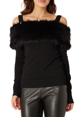 Adrienne Landau Onyx Women's Off the Shoulder Fur Trim Sweater | belk
