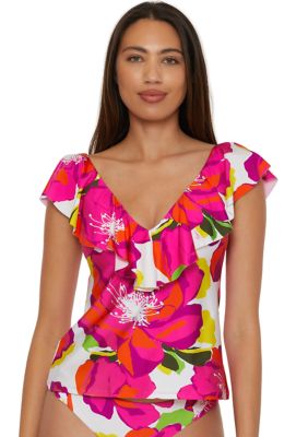 Trina Turk Bloom Ruffle Plunge Printed Tankini Swim Top | belk