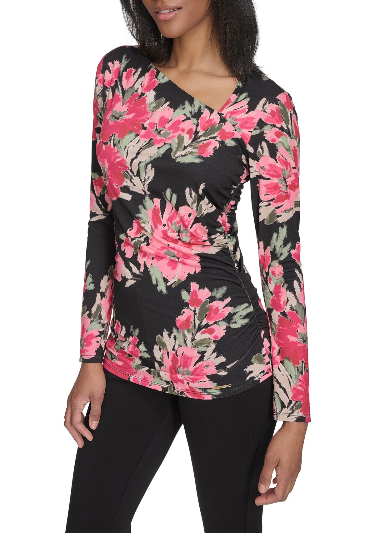 Halston Long Sleeve Floral Asymmetric Neck Knit Top | Belk
