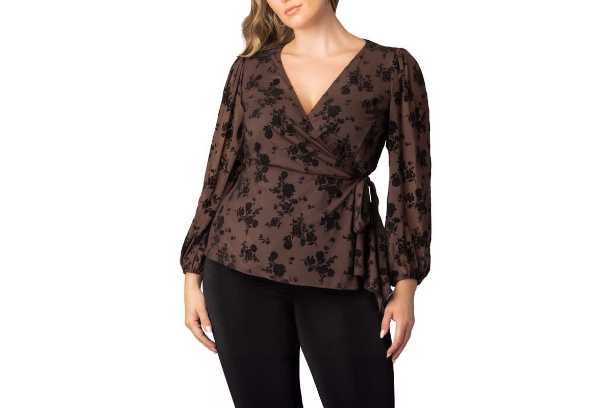 KIYONNA Women's Plus Size Alissa Long Sleeve Wrap Top | Belk