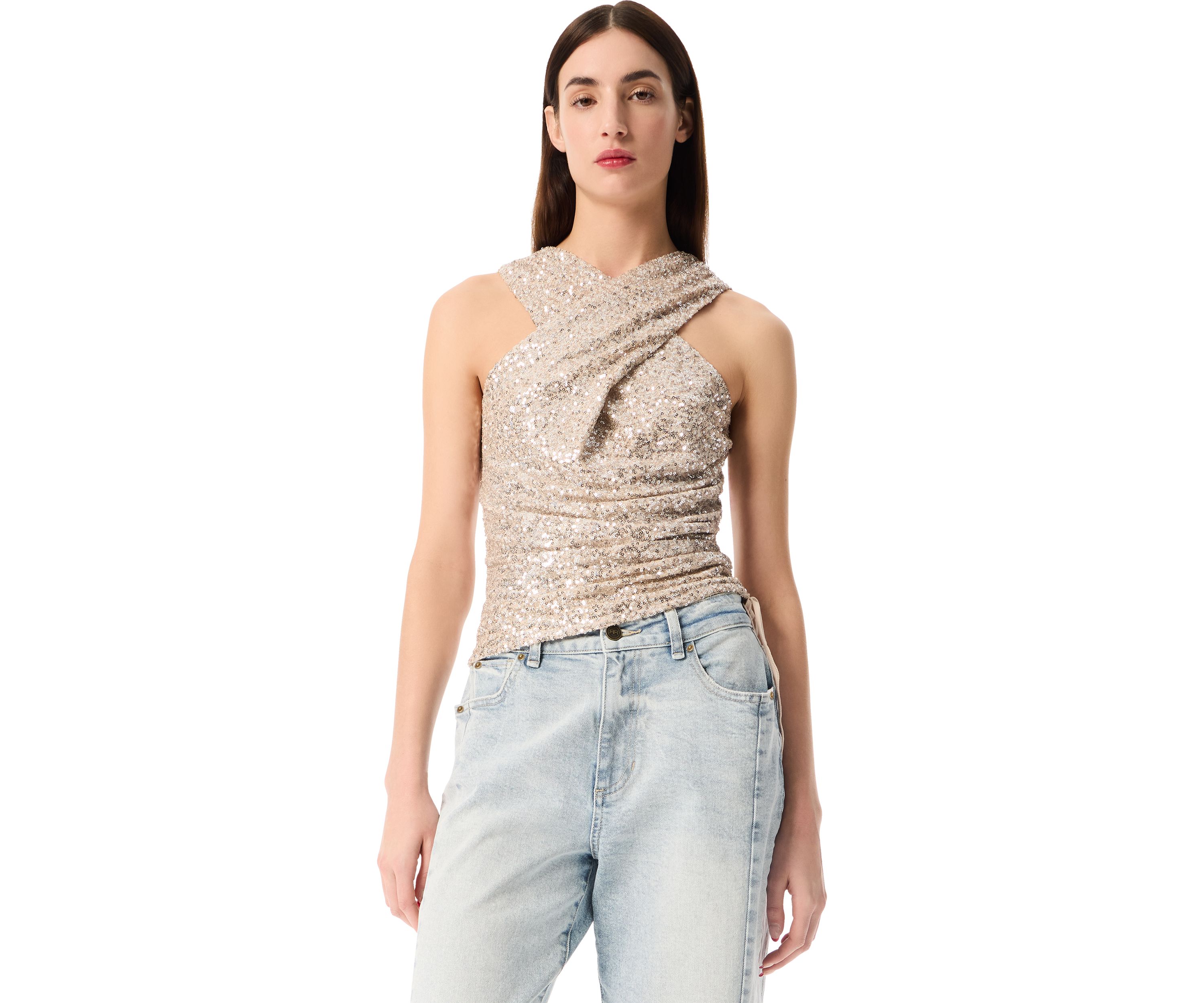 Robert Rodriguez Women's Gabriela Ruched Tank with Shirred Cross Sequin ...