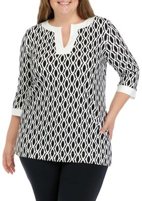Anne Klein Plus Size Printed Athluxe 3/4 Sleeve Split Neck Tunic Top | belk