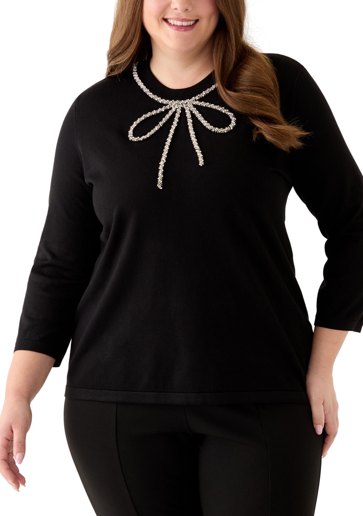 Anne Klein Plus Size Glitz Bow 3/4 Sleeve Pullover Sweater | Belk