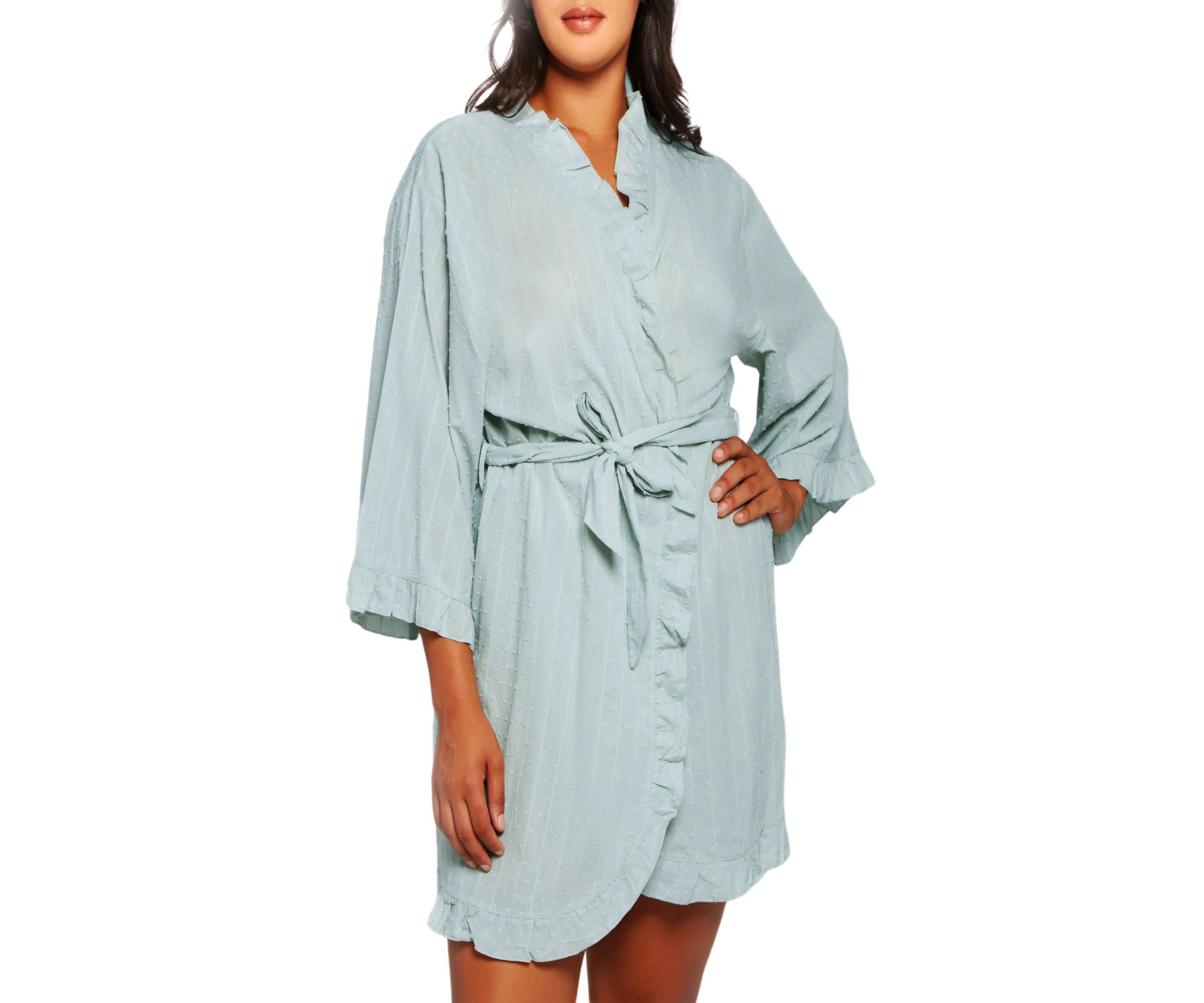 iCollection Darcy Textured Cotton Ruffle Placket Robe with Looped Self ...