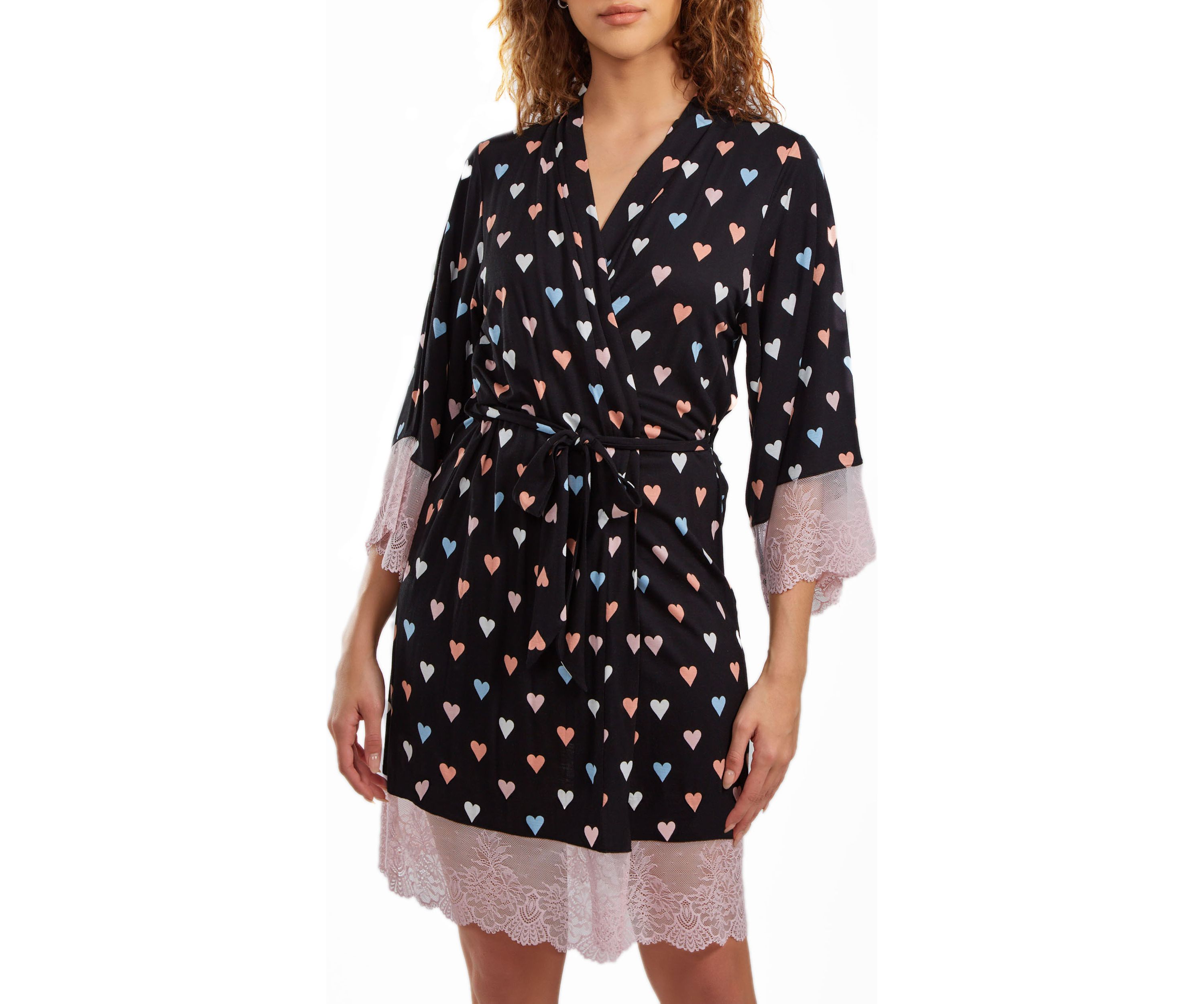 iCollection Harmony Modal Hearts Robe Trimmed in Contrast lace with ...