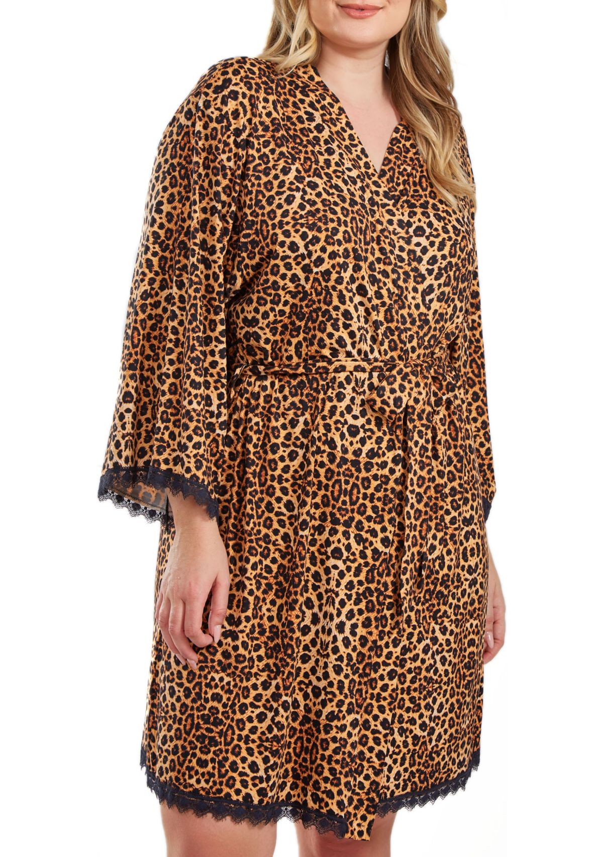 iCollection Reise Plus Size Leopard Robe with Self Tie Sash and Lace ...