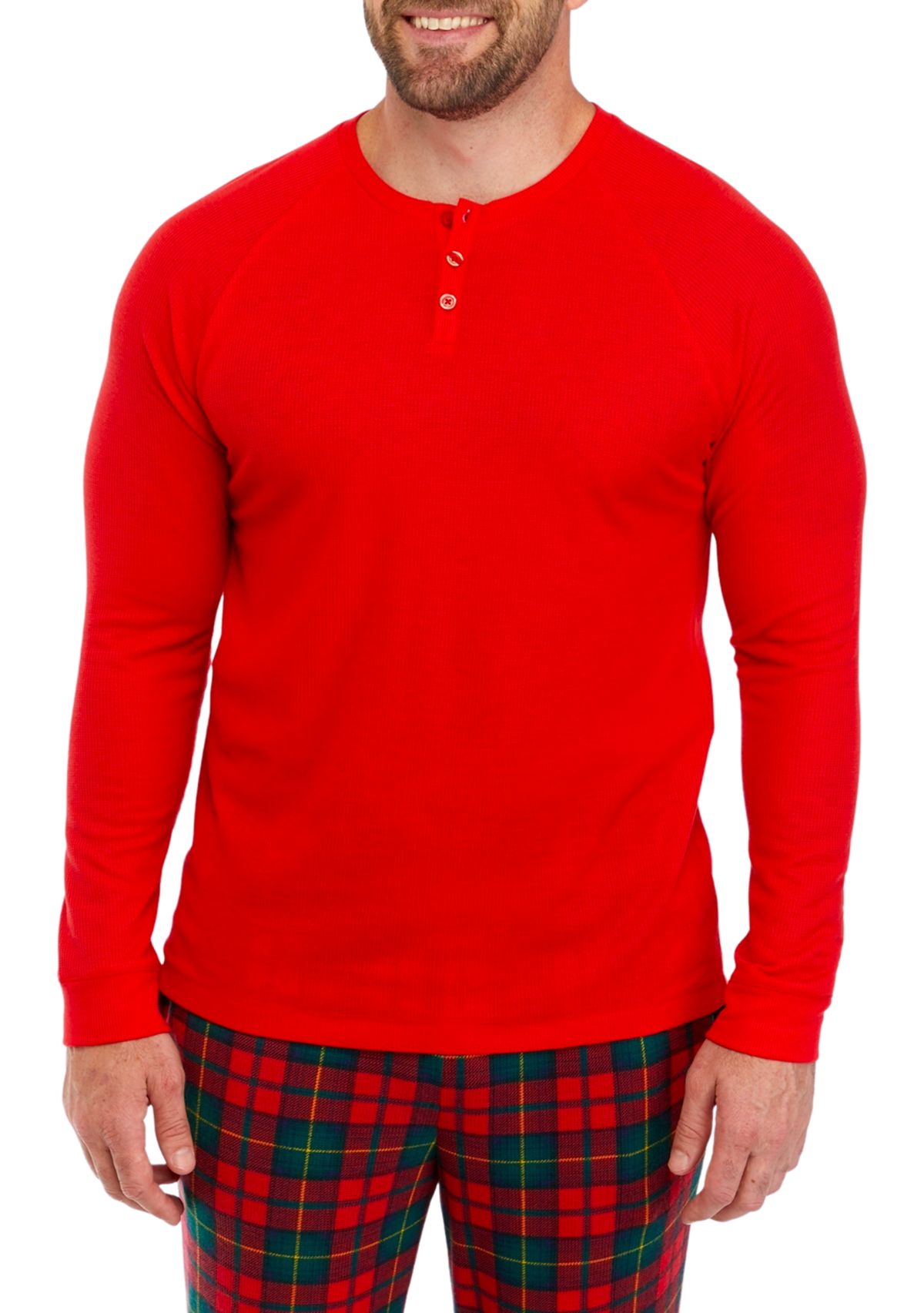 PAJAMARAMA Men's Vintage Red Plaid Long Sleeve Henley Pajama Top | Belk