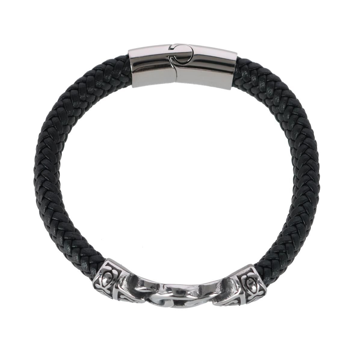 Trafalgar Silver Interlock Pattern on Black Leather Bracelet | Belk