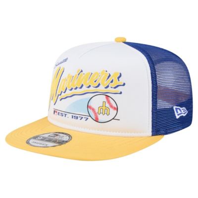 New Era MLB White/Yellow Seattle Mariners Retro Script Trucker 9FIFTY ...