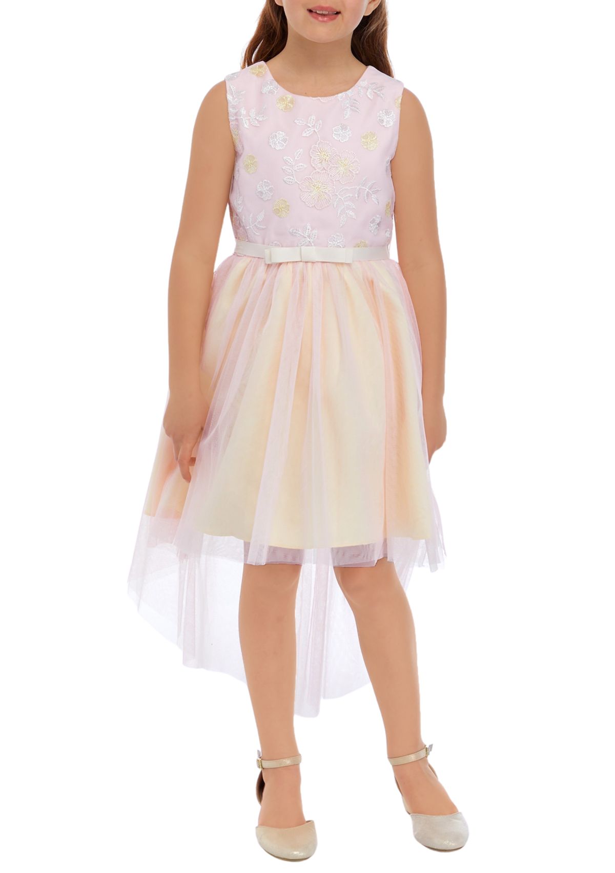 Rare Editions Girls 7-16 Lurex Embroidered Mesh Dress with Two Tone Hi ...