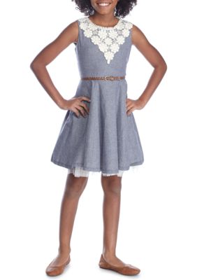 Beautees Chambray Crochet Belted Dress Girls 7-16 | belk