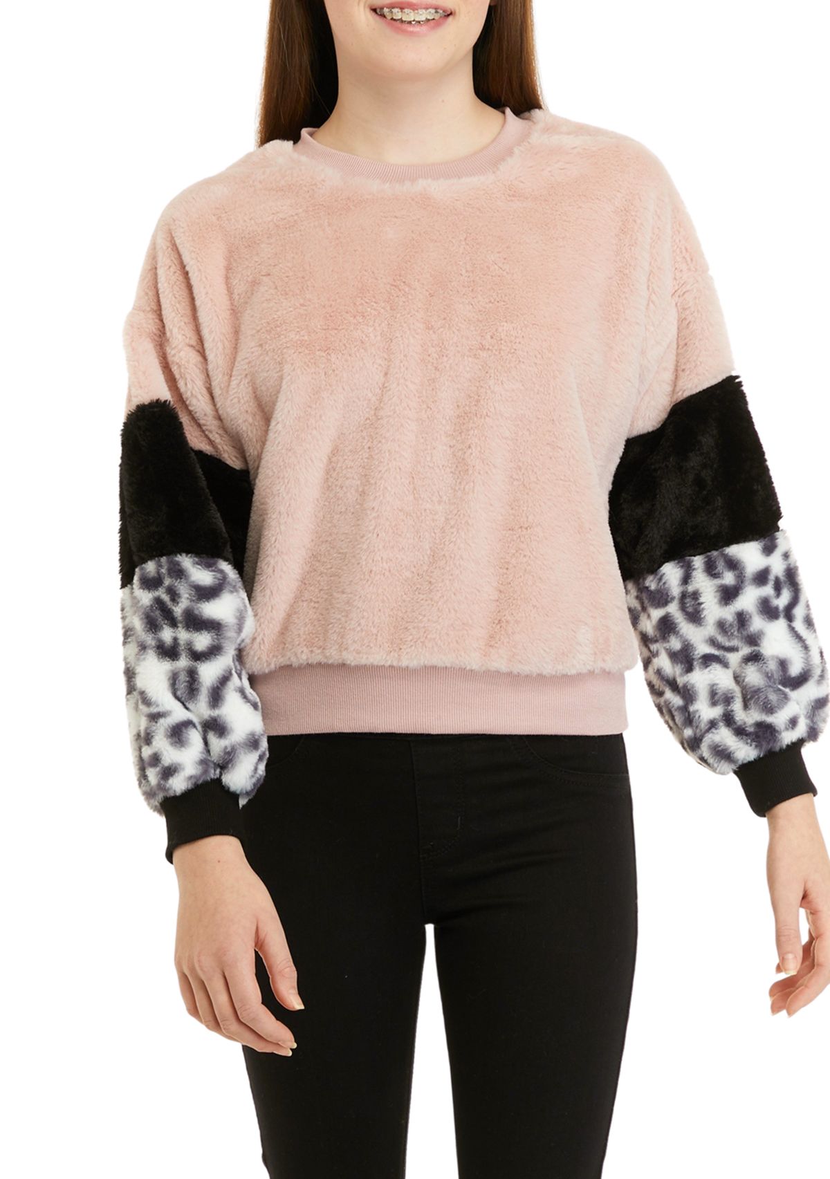 Speechless Girls 7-16 Long Sleeve Faux Fur Leopard Sweatshirt | Belk