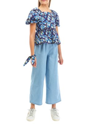 btween Girls 7-16 Poplin Puff Sleeve Peplum Blouse and Chambray Wide ...