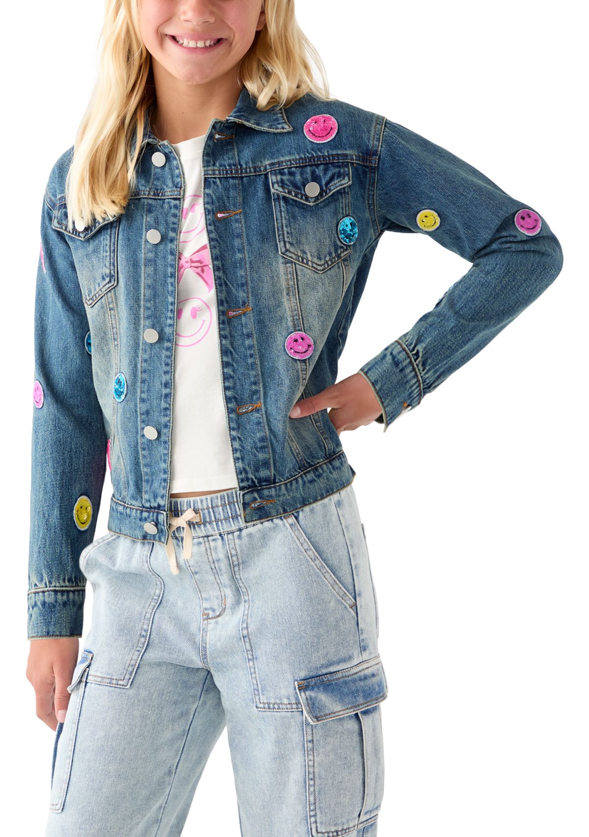 Tweenstyle Girls 7-16 Smiles Sequin Patch Denim Jacket | Belk