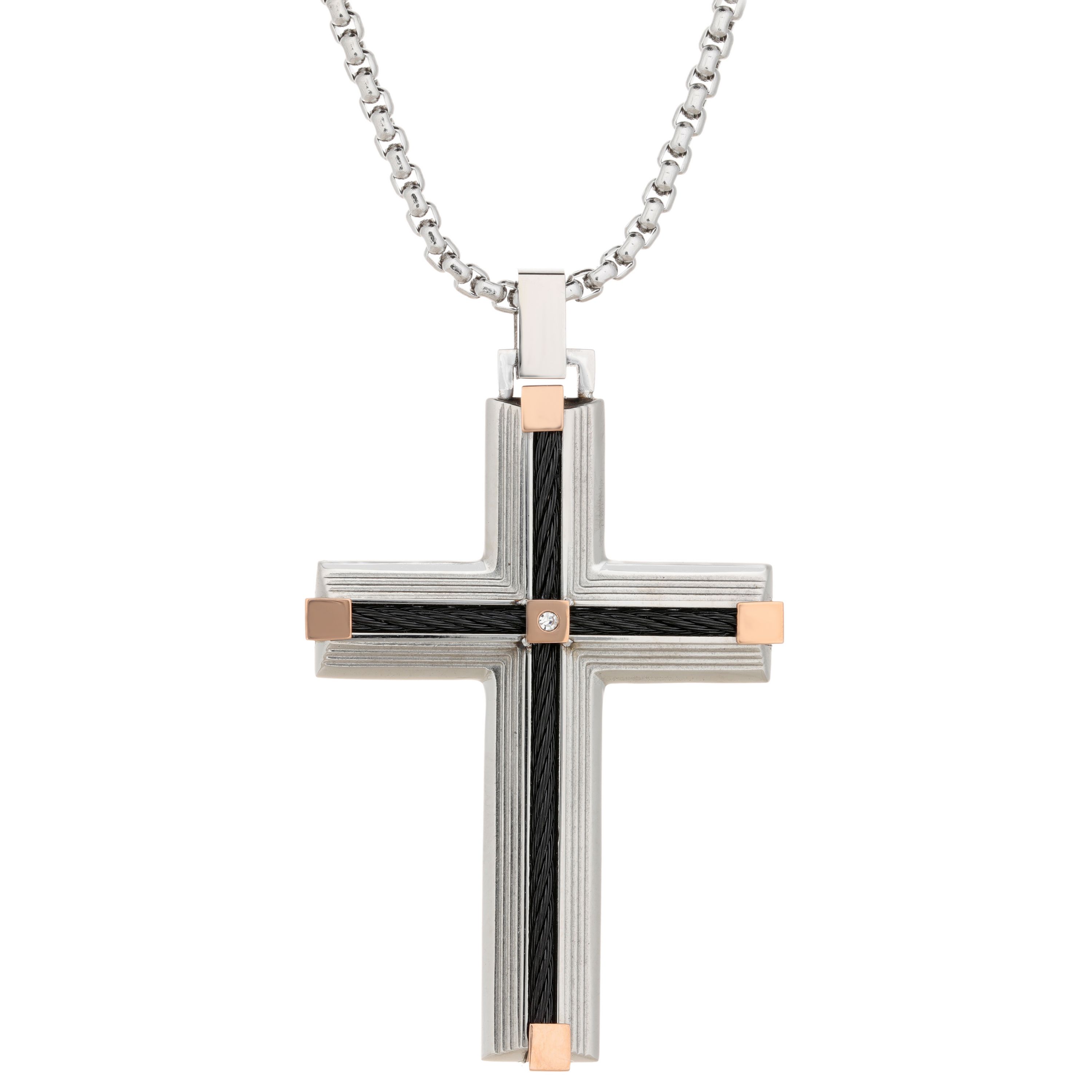 LYNX Stainless Steel Cubic Zirconia Two Tone Cross Pendant Necklace | Belk