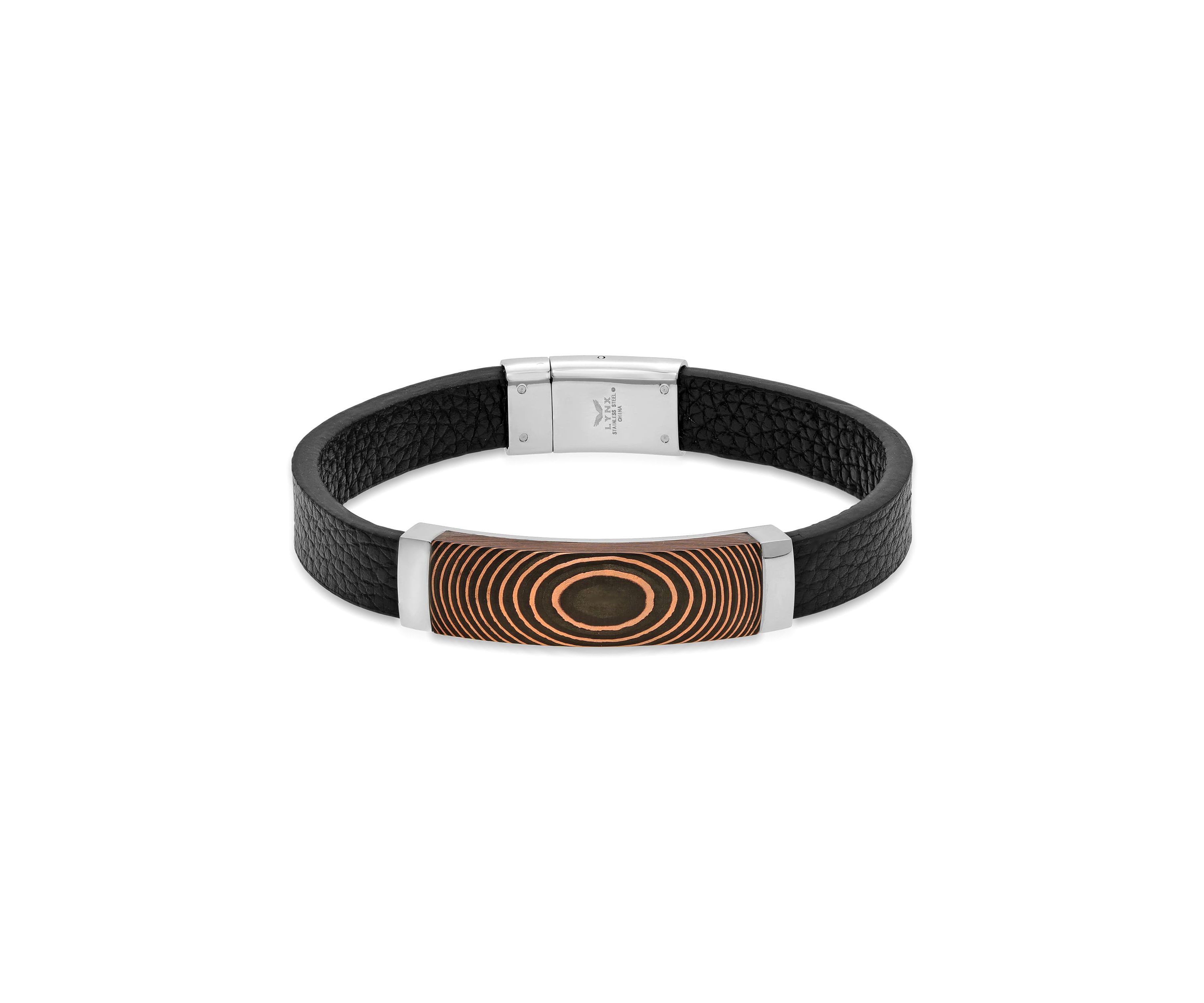 LYNX Stainless Steel and Leather Bracelet with Carbon Fiber & Copper ...