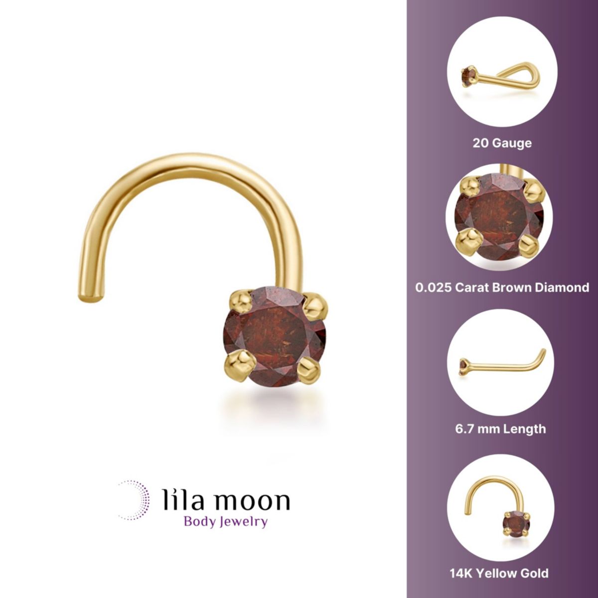 Lila Moon Lila Moon Brown Diamond Accent Curved Nose Stud in 14KWhite ...