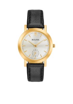 Bulova Women's Gold-Tone Black Leather Watch | belk