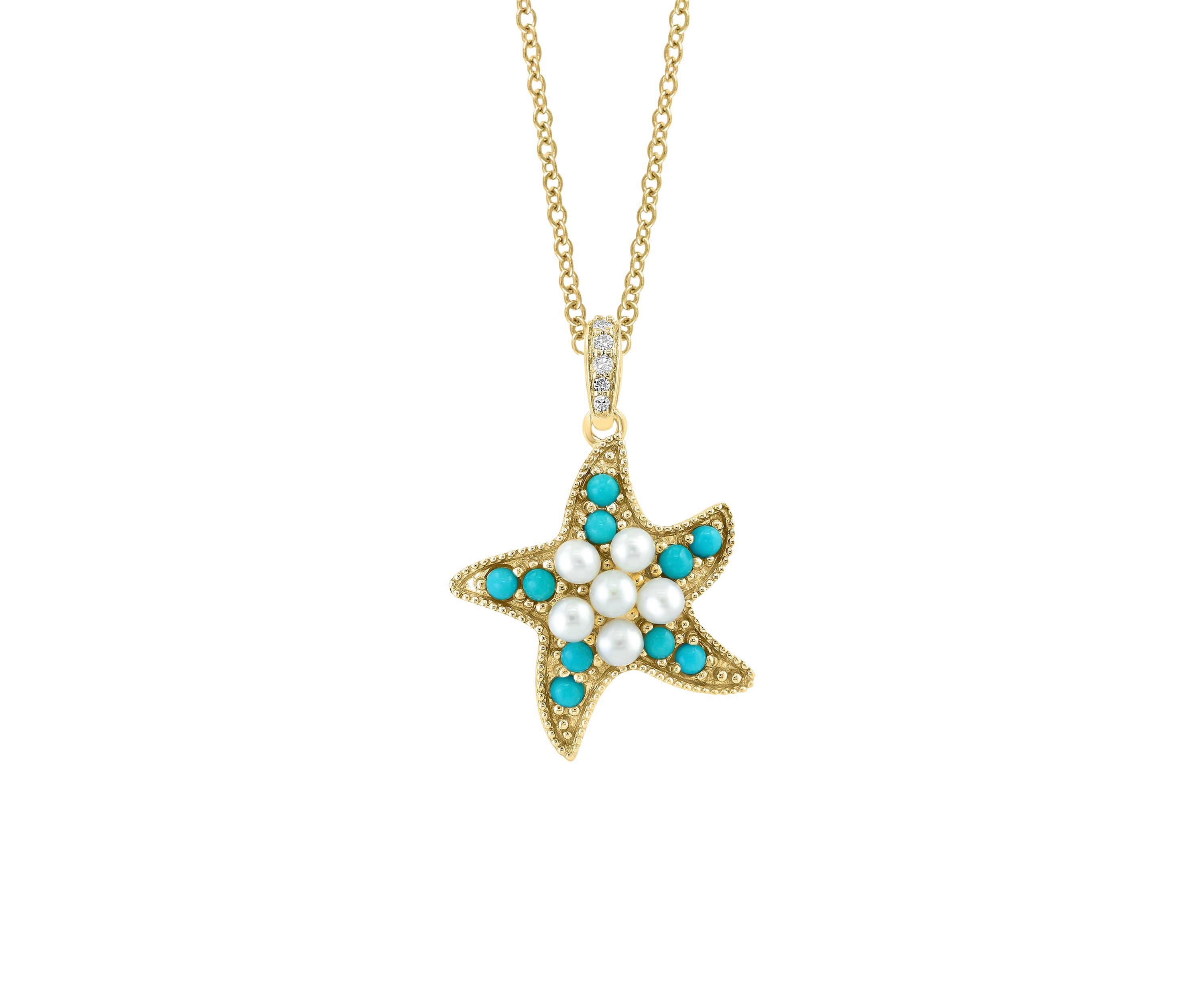Effy® Diamond, Freshwater Pearl, Turquoise Starfish Pendant Necklace in ...