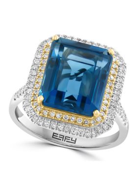 Effy® 3/8 ct. t.w. Diamond and Blue Topaz Ring in 14K Yellow and White ...