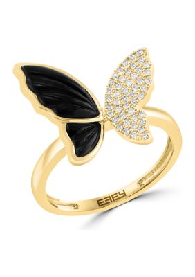 Effy® 1/8 ct. t.w. Diamond and Onyx Butterfly Ring in 14K Yellow Gold ...