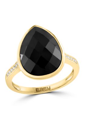 Effy® Diamond and Onyx Pear Ring in 14K Yellow Gold | belk