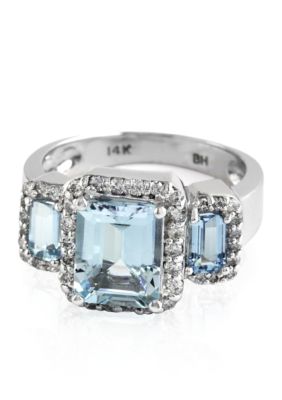 Effy® Three Stone Aquamarine and Diamond Ring in 14k White Gold | belk