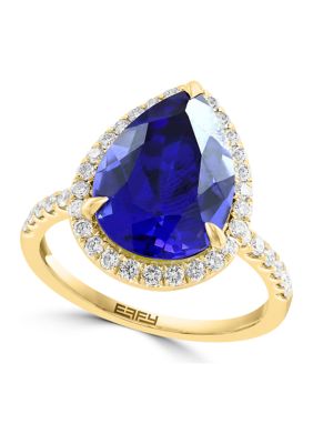 Effy® Lab Created Diamond and Sapphire Pear Ring in 14K Yellow Gold | belk