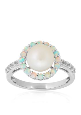 Belk & Co. Freshwater Pearl and Created Opal with Sapphire Halo Ring in ...