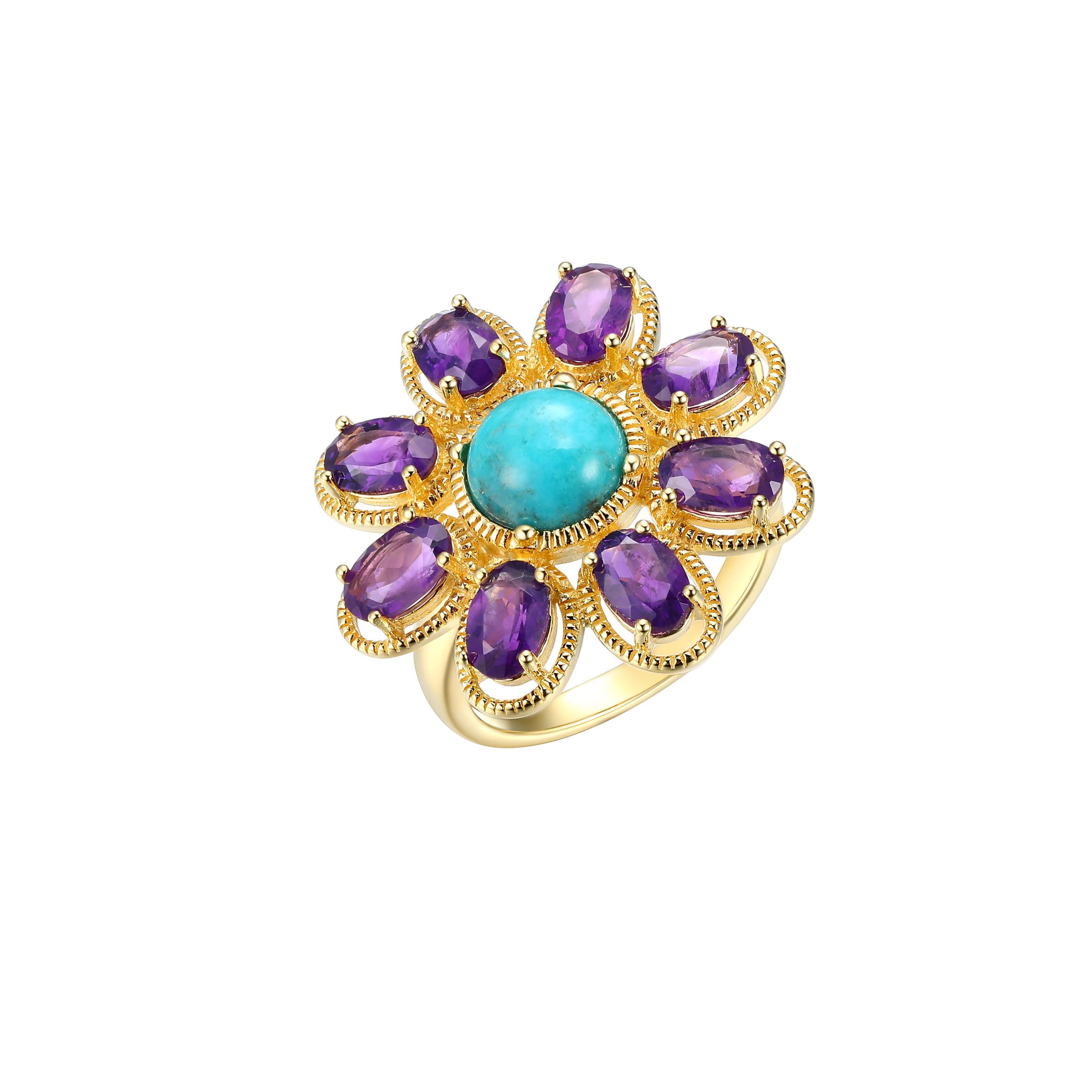 Aurealis Genuine Amethyst and Turquoise Flower Ring in 18K Gold Plated ...
