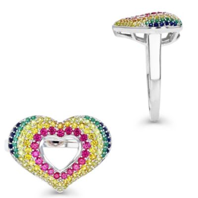 LULEA Lab Created Sterling Silver Rhodium Multi Color Heart Cutout Ring ...