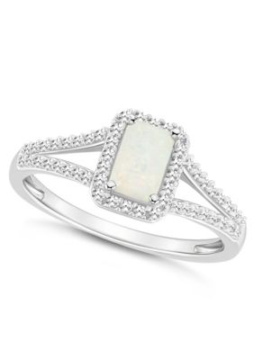 Belk & Co. Sterling Silver 6x4mm Emerald Cut Opal 1/4 CTTW Diamond Halo ...