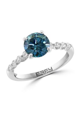Effy® Lab Created Lab Grown Blue Diamond and Diamond Ring in 14K White ...