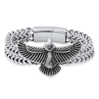 STEELTIME Men's stainless steel double row wheat chain eagle wings ...