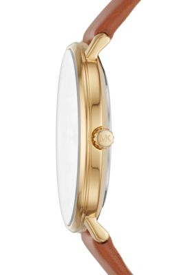 Michael Kors Women's Gold-Tone Pyper Luggage Leather Watch | belk
