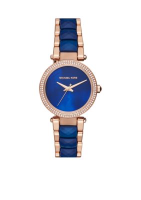 Michael Kors Women's Rose-Gold Tone Blue Mini Parker Bracelet Watch | belk