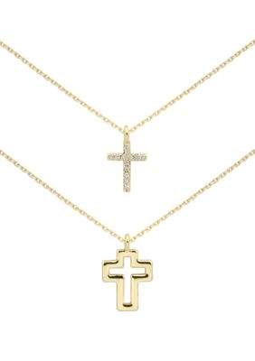 Belk Lab Created Cubic Zirconia Duo Cross Pendant Gold Necklaces | belk