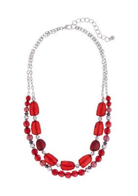 Ruby Rd Silver Tone Short 2 Row Red Chunky Bead Necklace | Belk