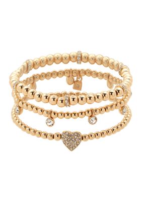 Nine West Gold Tone Set of 3 Crystal Pave Heart Stretch Bracelets ...