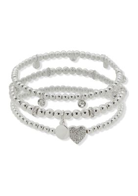 Nine West Silver Tone Crystal Pavé Heart Stretch Bracelet Set | belk