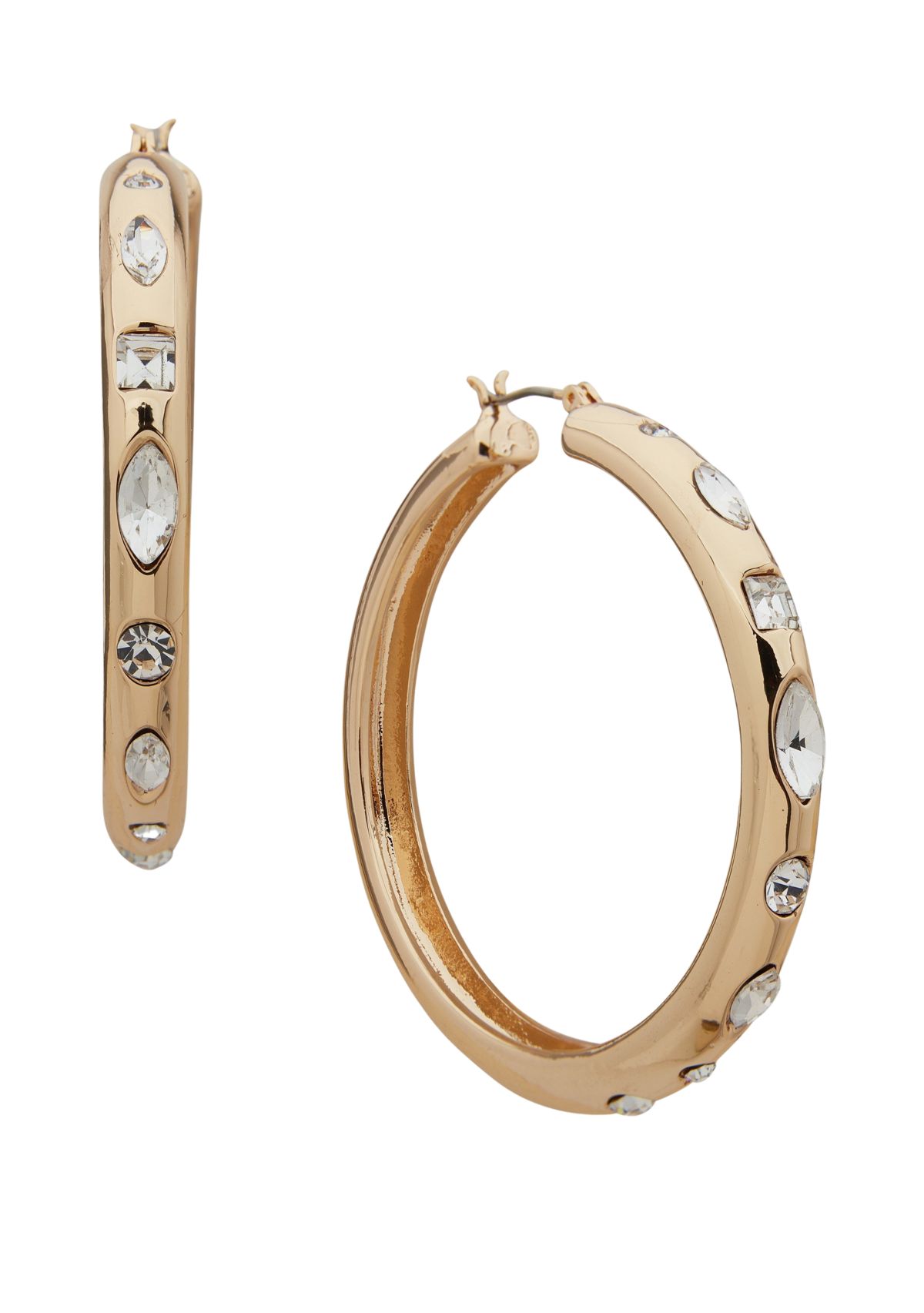 Nine West Gold Tone 52 Millimeter Crystal Click Top Hoop Earrings | Belk