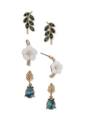 Lonna & Lilly Gold Tone Green Flower Leaf Trio Earrings | belk