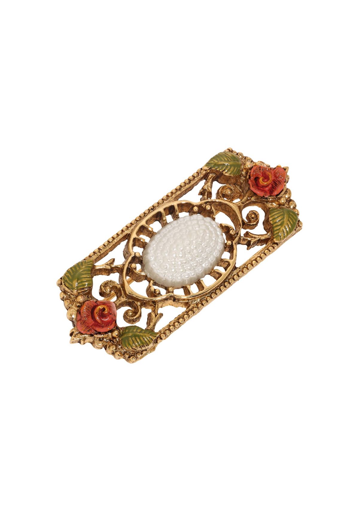 1928 Jewelry Gold Tone Faux Pearl Red Flower Rectangle Brooch | Belk