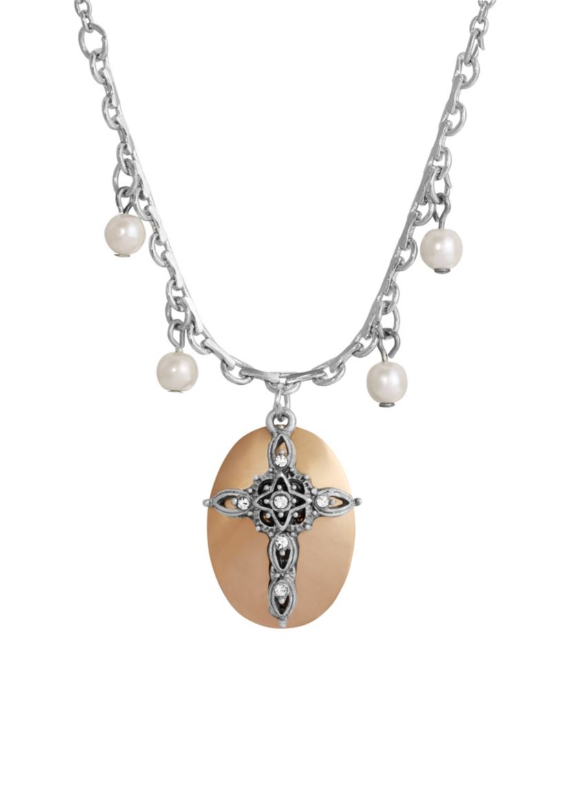 1928 Jewelry Two-tone Faux Pearl Oval Cross Pendant Necklace 16" | Belk