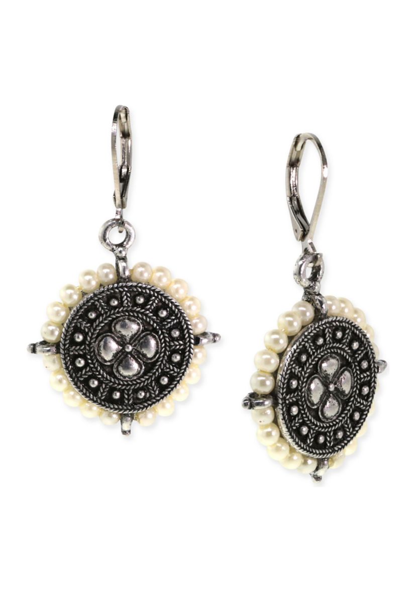 1928 Jewelry Pewter with Faux Pearl Round Ornate Button Drop Euro Wire ...