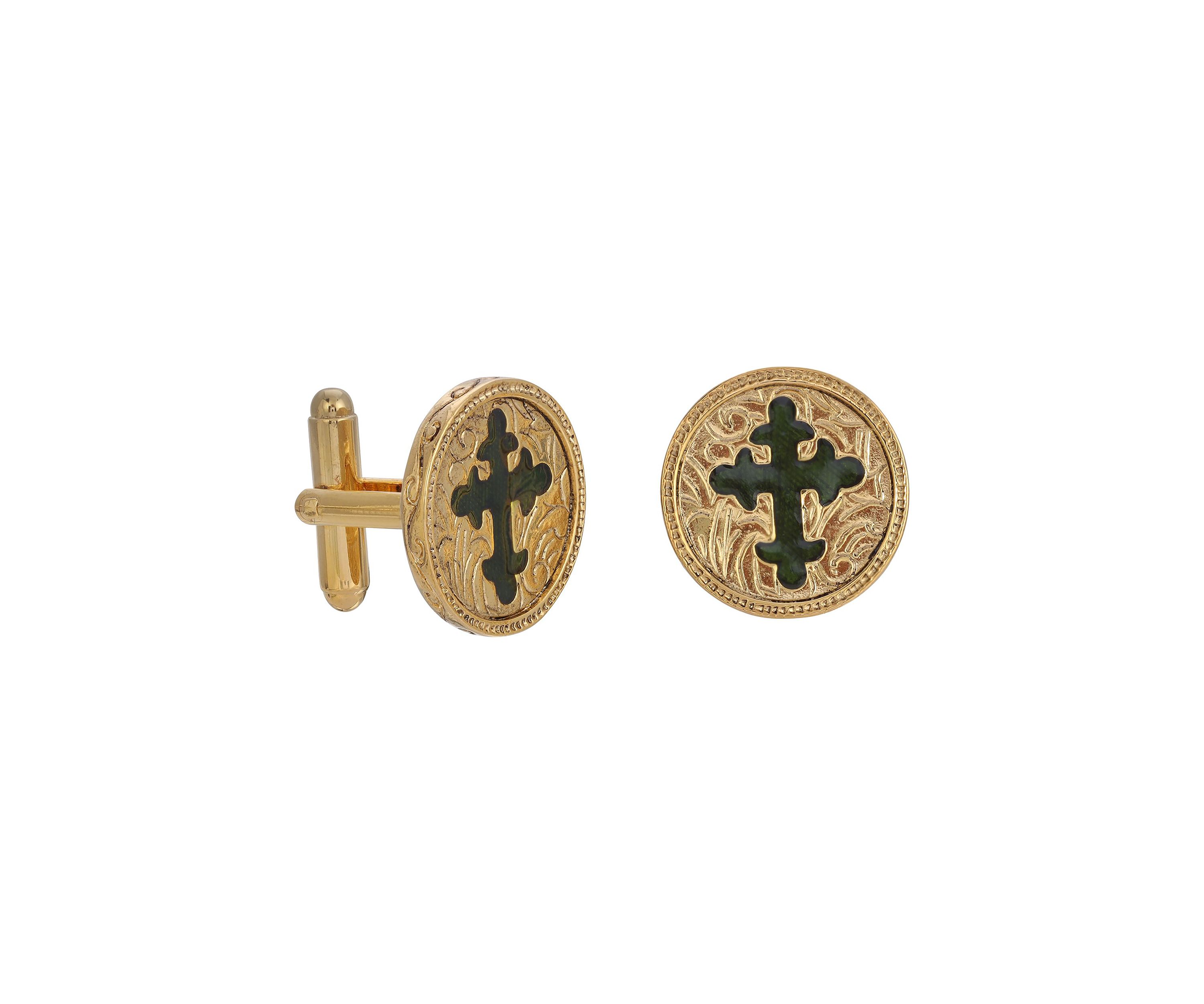 Symbols of Faith 14K Gold-Dipped Green Enamel Cross Round Cuff Links | Belk