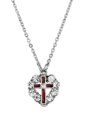 Symbols of Faith Pewter Red Enamel Cross Crystal Heart Necklace - 16 ...