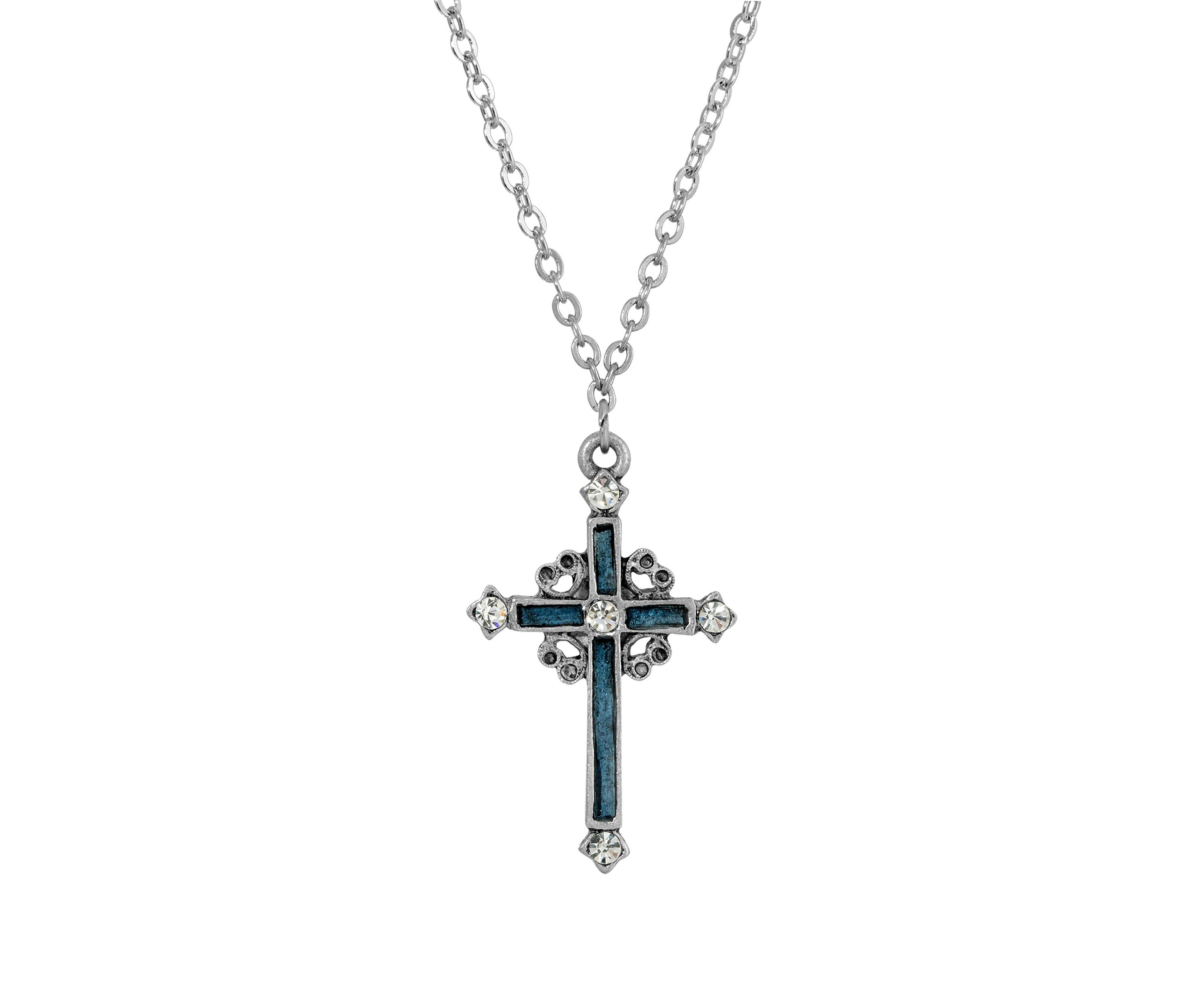 Symbols of Faith Pewter Blue Hand Enamel Cross with Crystals Necklace ...