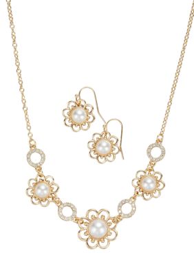 Belk Gold Tone Crystal Floral Pearl Necklace and Earrings Set | belk