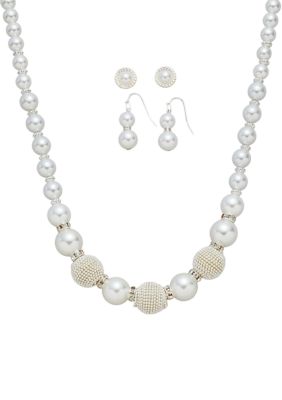 evie & emma Silver Tone White Pearl 2 Earrings Textured Beaded Necklace ...